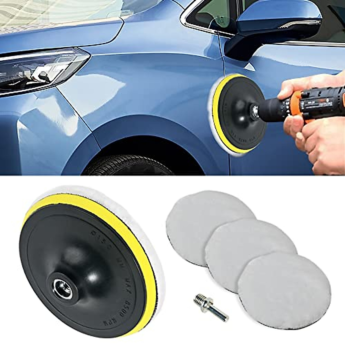 Banseko 5 Pcs Kit 6 Inch Wool Cutting Pad,Polishing Buffing Wheel for Drill Wool Pads Wheel Polishing Pads,Woolen Polishing Waxing Pads with Drill Adapter for Car Polisher Polishing and Buffing