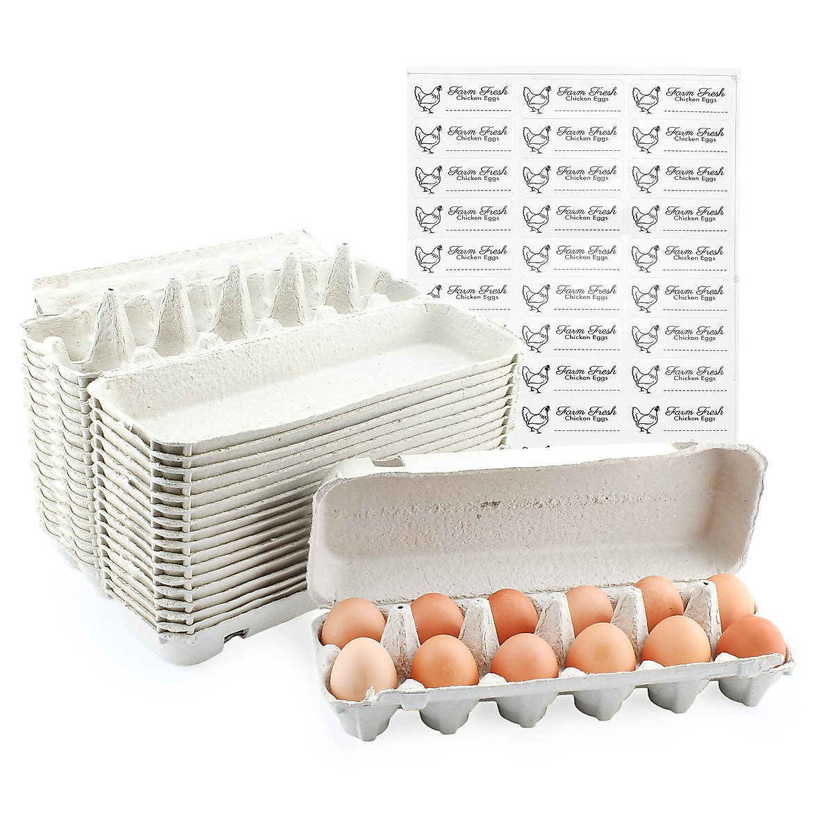 Cornucopia Cardboard Egg Cartons (18-Pack); Each for One Dozen, Eco-friendly Recycled Material Biodegradable 12-count Egg Cartons w/Labels