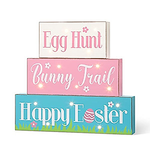 Glitzhome LED Lighted Wooden/Metal Block with Sayings Egg Hunt, Trail, Happy Easter Bunny Holiday Decorations Signs, Multi-Color