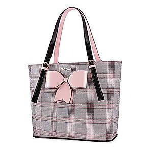 MOSISO Laptop Bag for Women Compatible with MacBook Pro 16 inch 2023-2019 M2 A2780 M1 A2485 A2141,15-15.6 inch Notebook, PU Leather Large Capacity Travel Briefcase with Bowknot Grid MO-GID001GYPK