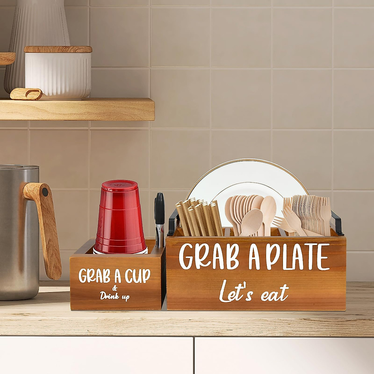 MEMOORIAL Paper Plate Dispenser, Kitchen Countertop Paper Plate Holder, Wood Rustic Silverware Utensil Caddy, Disposable Dish and Cup Holder Utensil Caddy for Kitchen, Party, BBQ