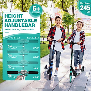 BELEEV V5 Scooters for Kids 6 Years and up, Folding Kick Scooter 2 Wheel for Adults Teens, 4 Adjustable Handlebar, 200mm Big Wheels, Lightweight Sports Commuter Scooter(Teal)