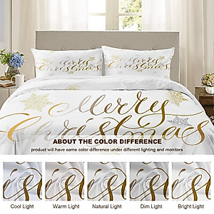 BaoNews Golden Christmas Merry Christmas Duvet Cover Set King Size,3 Pieces Silver Gray Snowflake Bedding Set Hotel Quality 100% Cotton Comforter Cover Set with 2 Pillowcases(No Filler)