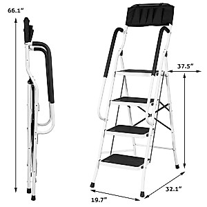 Portable Folding Step Ladder with Safety Handrails Anti-Slip Sturdy Large Area Pedal Steel Step Stool White and Black 4-Feet & Attachable Tool Bag for Kitchen Home and Office, Capacity: 500 lbs