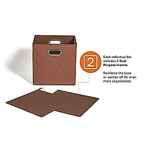 JIAessentials Large 13-inch Brown Foldable Diamond Patterned Faux Leather Storage Cube Bins Set of Four with Handles with Dual Handles for living room, bedroom and office storage