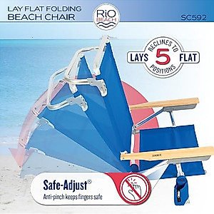 Rio Brands 5 Position Classic Lay Flat Beach Chair with Backpack Straps, Polyester, Blue, 8.5"