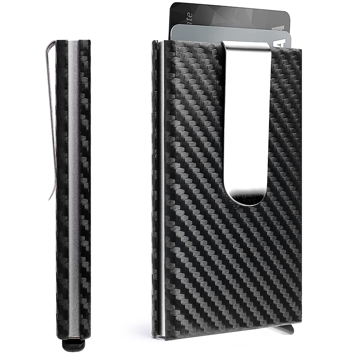 SLUKULU Slim Wallet for Men with Money Clip and Credit Card Holder, RFID Blocking Carbon Fiber Wallet,Minimalist Pop-Up Metal Front Pocket Wallet. (Black)