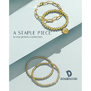 doubgood Gold Beaded Bracelets for Women, Stackable Gold Bracelets for Women Men 14K Real Gold Plated Stretch Bead Ball Bracelet with Letter Pendant E