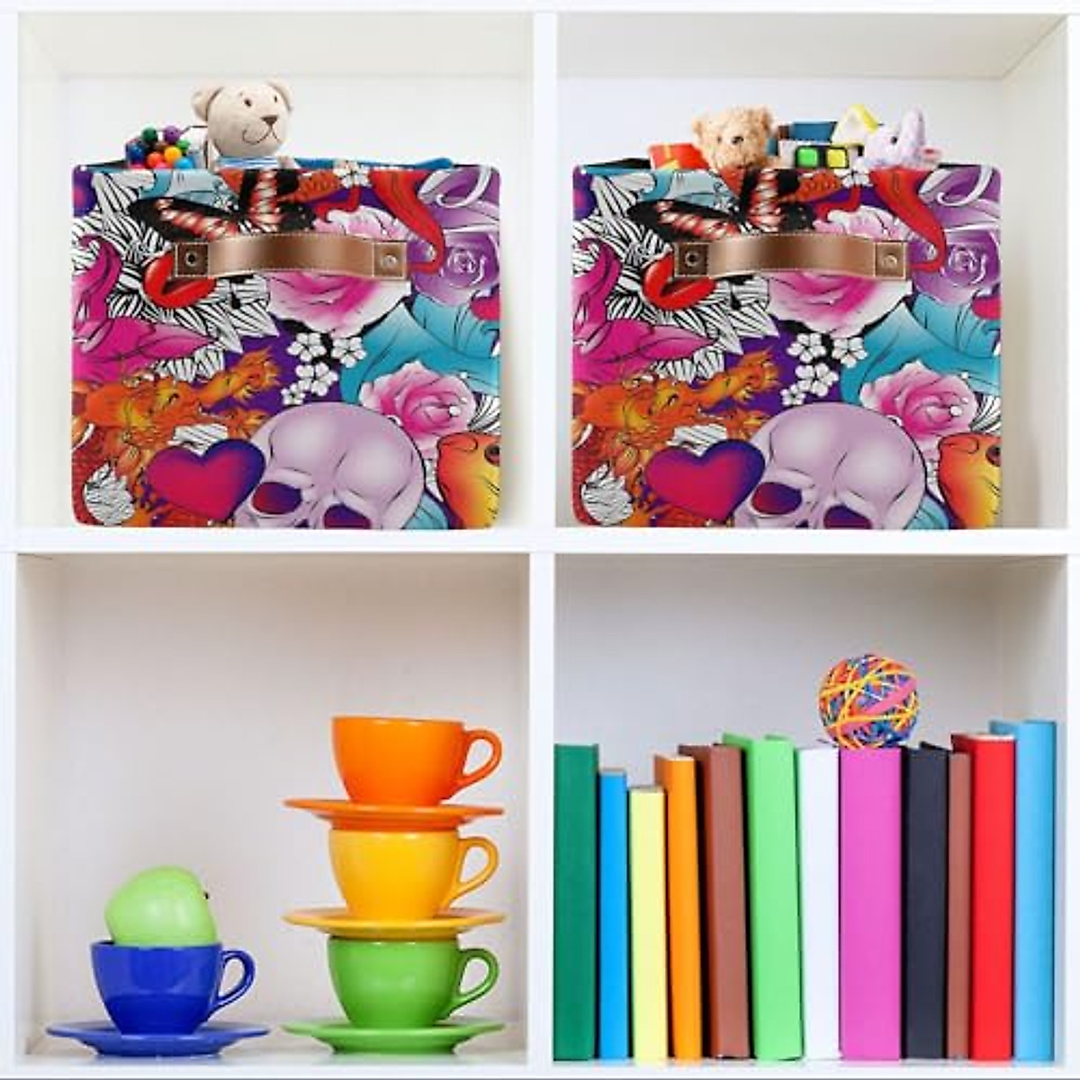 Skull Flowers Butterflies Storage Basket Bins Foldable Toy Baskets Organization with Handles Laundry Hamper for Home Boys Girls Office Closet Shelf Nursery Baskets,1 pcs