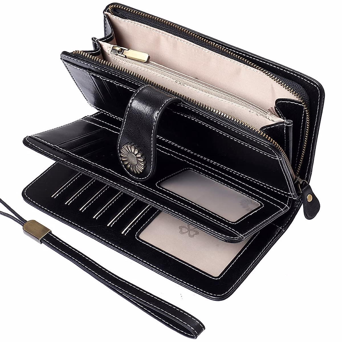 UMODE Large Capacity RFID Blocking Genuine Leather Wallets for Women with Wristlet Trifold Ladies Billfold with Zipper