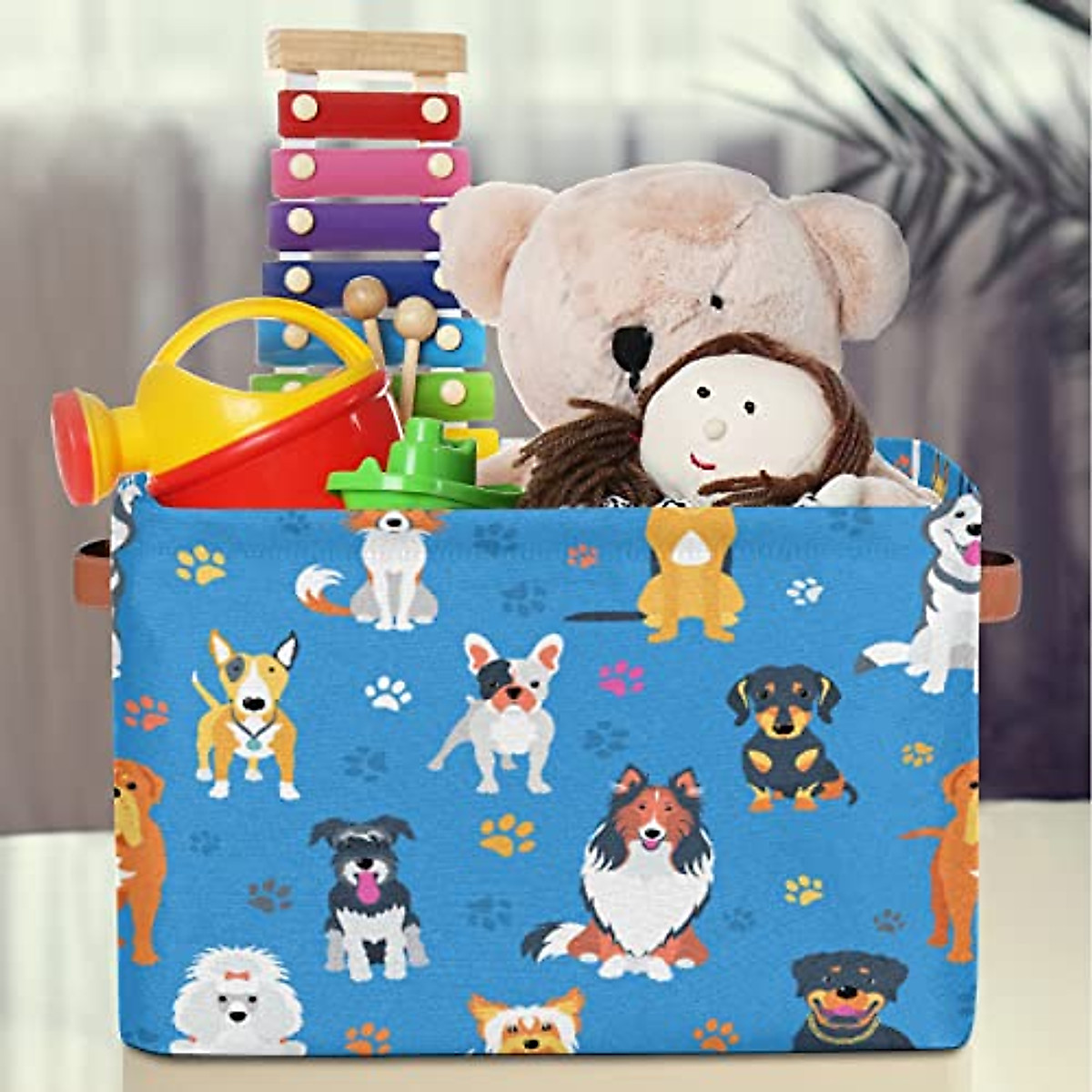 Pardick Animal Dog Breed Paw Storage Basket Storage Cube Bins Cute Puppy Print Canvas Collapsible Toy Basket Organizer Waterproof Laundry Box with Handle for Shelf Closet Office Bedroom, 2PCS