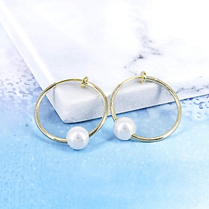 YOQUCOL 2 Pairs Clip On Hoop Earrings for Women Simulated Freshwater Pearl Non Pierced Ears Spring Hoops