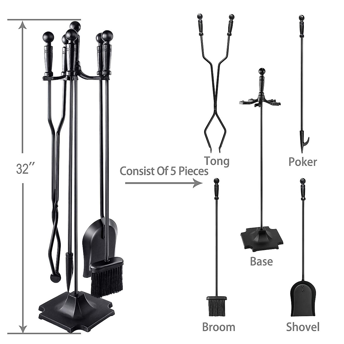 WBHome Fireplace Tools Set 5 Pieces Wrought Iron Fireset Fire Pit Poker Wood Stove Log Tongs Holder Fireplace Tool Set With Pedestal Place, 32 Inch (Black All)