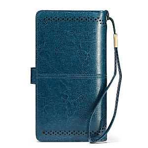 MANBANG Wallets for Women Leather Credit Card Holder with RFID Blocking Large Capacity Wristlet (Blue)