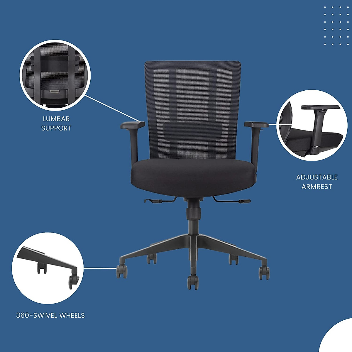 GM Seating Bitchair Ergonomic Mesh Office Chair - Adjustable Lumbar Support Computer Desk Chair with Height Adjustable Arms - Seat Depth Adjustable Executive Home Office Chair - (Black)