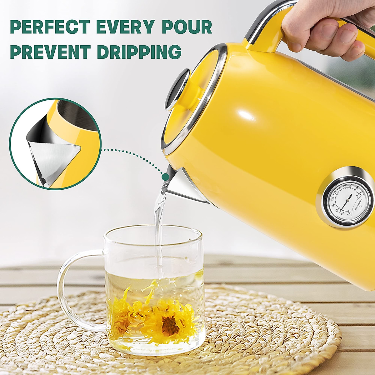 SUSTEAS Electric Kettle - 57oz Hot Tea Kettle Water Boiler with Thermometer, 1500W Fast Heating Stainless Steel Tea Pot, Cordless with LED Indicator, Auto Shut-Off & Boil Dry Protection, Retro Yellow