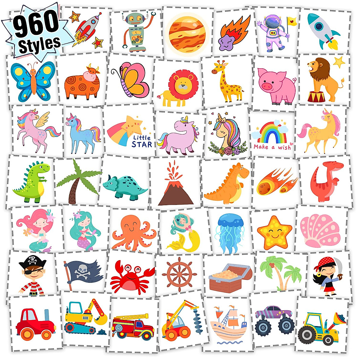 Partywind 960 PCS Individually Wrapped Tattoos for Kids Bulk, Cute Temporary Tattoo Stickers for Birthday Party Supplies Favors, Fake Tattoos for Kids Christmas Games (20 Sheets)