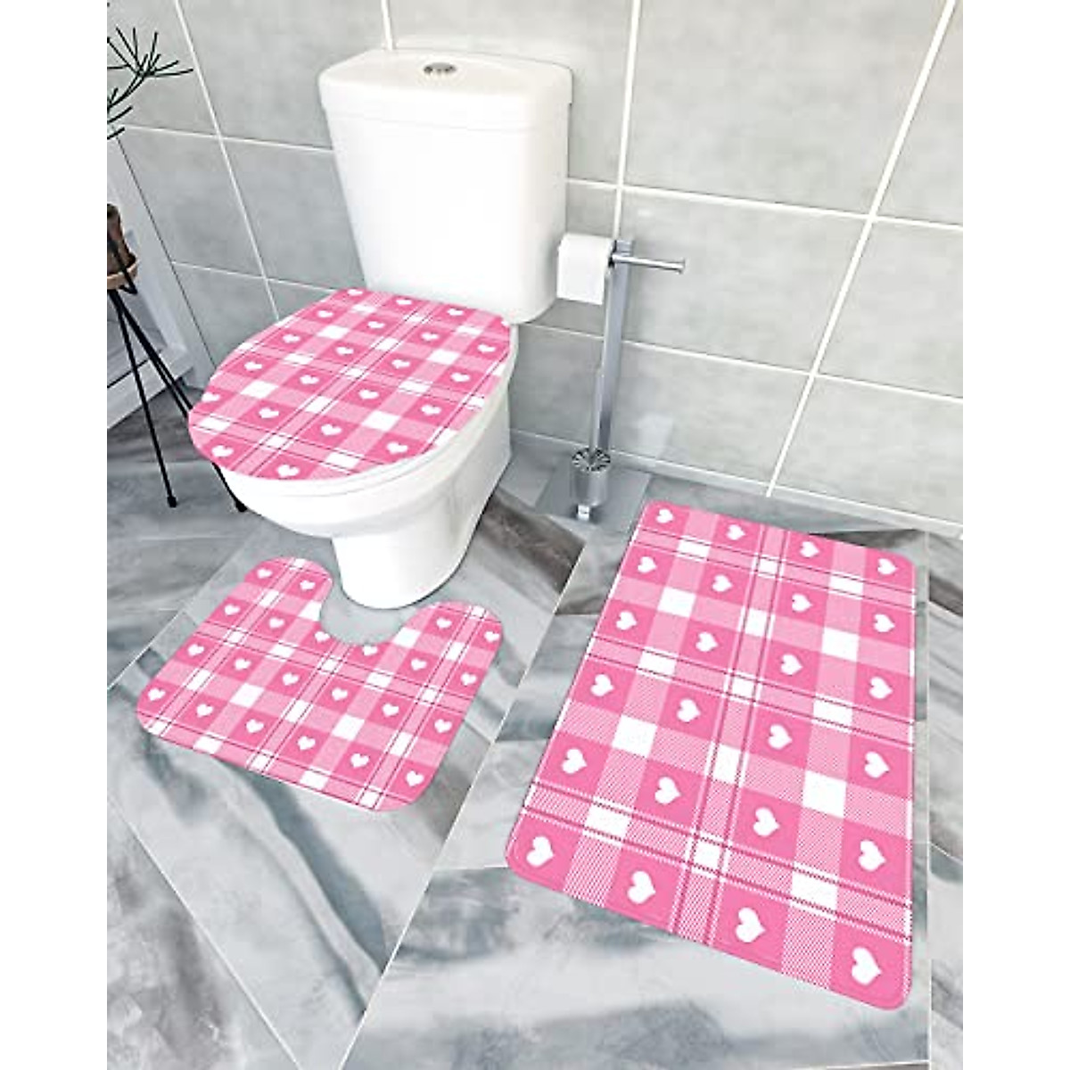 Valentines Day Bathroom Rugs Sets Love Heart Bath Mats Set with Toilet Lid Cover Non Slip Bathroom Mat, U-Shaped Contour Toilet Mat, Pink Buffalo Plaid Check 3 Piece Bathroom Rugs