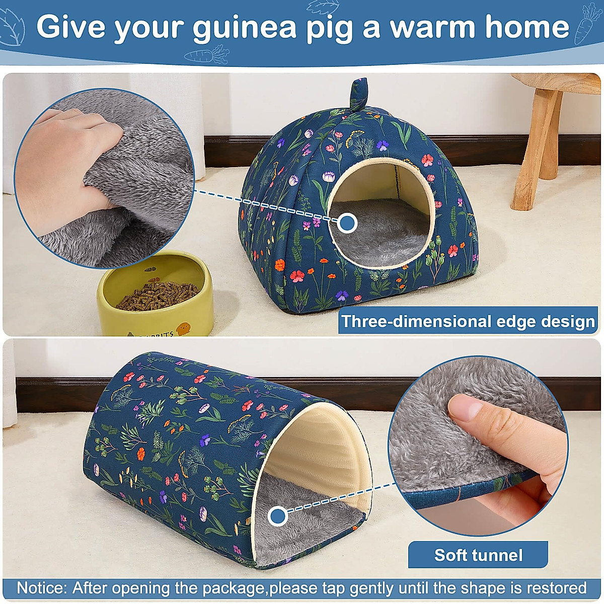 Glittme Guinea Pig Hideout, Soft Guinea Pig Bed and Tunnel, 2 Pack Washable Guinea Pig Tunnel with House Guinea Pig Accessories for Hamster, Rabbit, Bunny, Small Animal