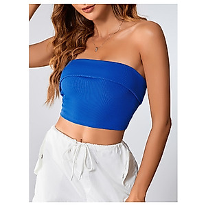SOLY HUX Women's Ribbed Knit Basic Y2K Crop Tube Top Sleeveless Strapless Casual Summer Tops Pure Blue M