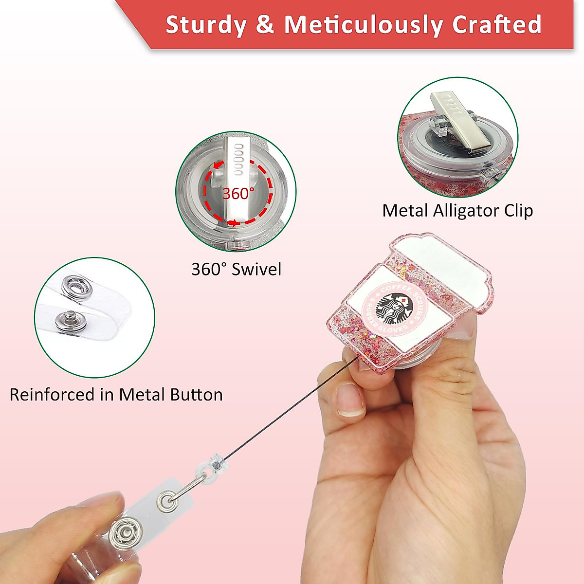 Badge Reel Retractable for Nurses, Cute ID Badge Holder with Alligator Clip for Students (Pink-1pc)