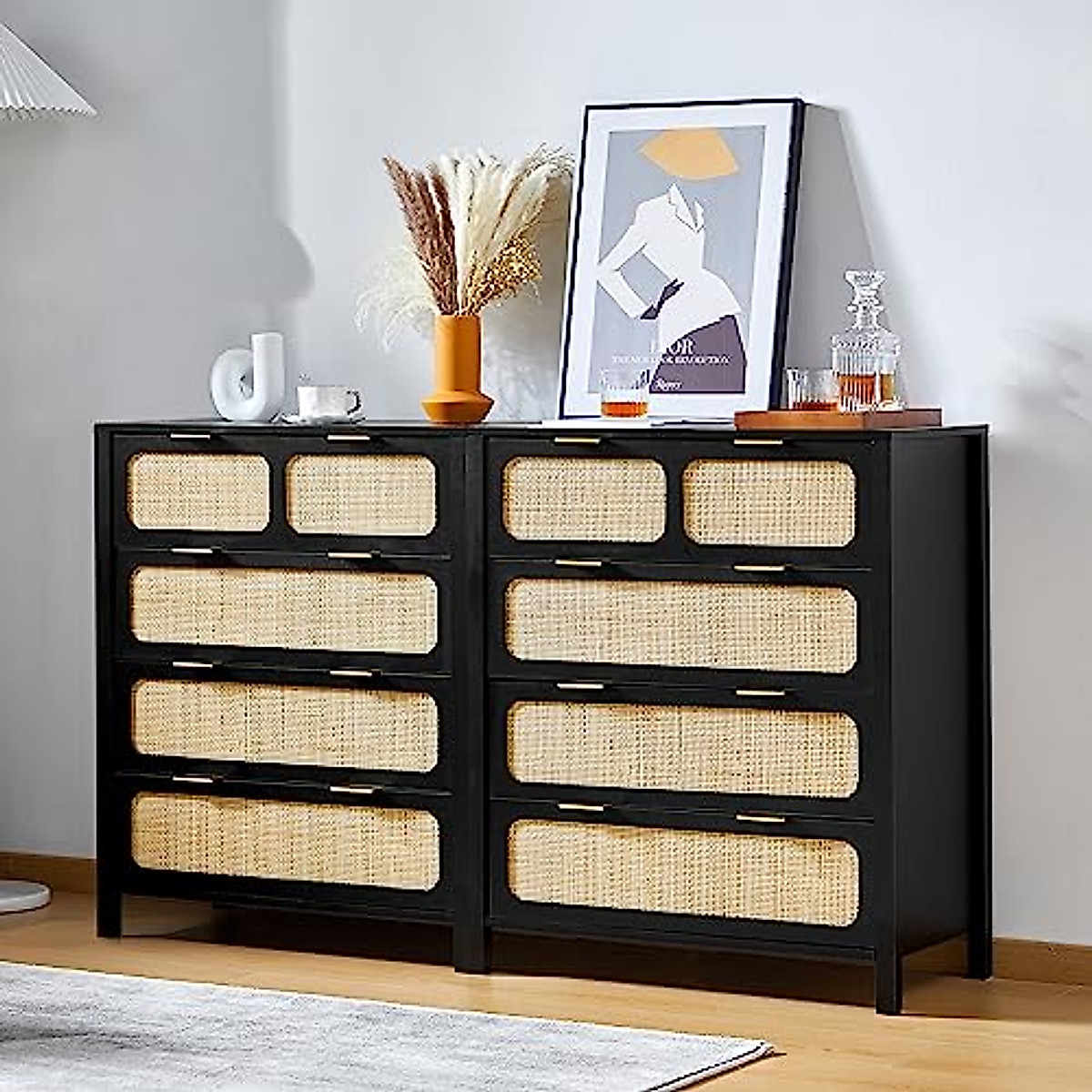 QEIUZON 4 Drawer Dresser, Modern Rattan Dresser Chest with Wide Drawers and Metal Handles, Farmhouse Wood Storage Chest of Drawers for Bedroom, Living Room, Hallway, Entryway (Black-4 Drawers-2 Packs)
