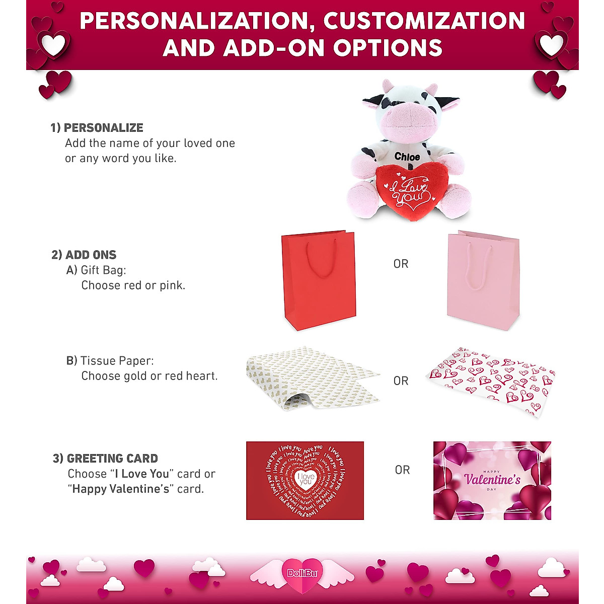 DolliBu I Love You Valentine Pink Cow Plush - Fluffy Cow Stuffed Animal with Red I Love You Plush Heart and Name Personalization Gift for Valentines Day, Birthday, Anniversary, Romantic Date - 6 Inch