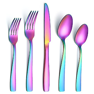 E-far 20-Piece Matte Rainbow Silverware Set, Stainless Steel Flatware Set for 4, Colorful Cutlery Set Include Forks Spoons and Knives for Kitchen Home Restaurant, Satin Finish & Square Edge Handle