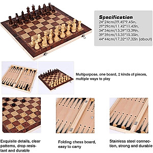 Wooden Chess Set Folding, 3 in 1 Wooden Chess Checkers Backgammon Set with Storage for Pieces - for Adults Beginners and Kids Aged 4+