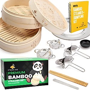 10 Inch Bamboo Steamer Basket with Steamer Ring- Steaming Basket for use as Dumpling Steamer, Bao Steamer, Dim Sum Steamer, Bun Steamer Basket Bamboo- Includes 2 Dumpling Maker Molds, 40 Liners & More