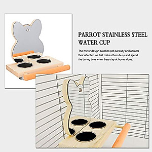 Parrot Mirror with Water Food Bowl Wood Holder Cage Accessory Feeding Bowl Parakeet Toys