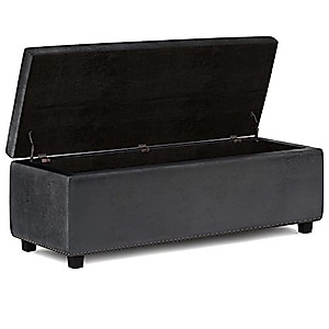 SIMPLIHOME Hamilton 48 inch Wide Rectangle Lift Top Storage Ottoman in Upholstered Distressed Black Tufted Faux Leather with Large Storage Space for Living Room, Entryway, Bedroom, Transitional