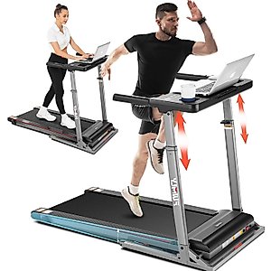 Folding Treadmill with Desk & Adjustable Height, 300 LBS Weight Capacity, Heavy-Duty Treadmill with Incline, Bluetooth Speaker & App Control, Electric Walking Machine Running Treadmill for Home