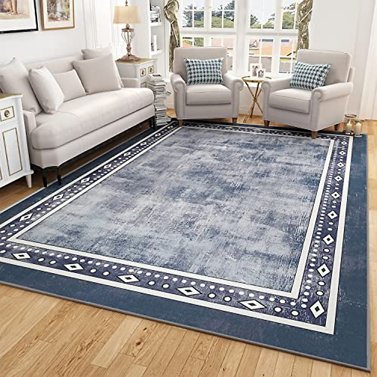 PADOOR Area Rug for Living Room Bedroom - 5x7 Feet Neutral Rug with Non-Slip Latex Backing Non Shedding Loop Pile for Dining Room Office Home Decor Navy Blue