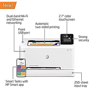 HP Color Laserjet Pro M255dw Single-Function Wireless Laser Printer, White - Print only - 2.7" Color Touchscreen, 22 ppm, 600 x 600 dpi, 8.5 x 14, Auto Duplex Printing, Ethernet