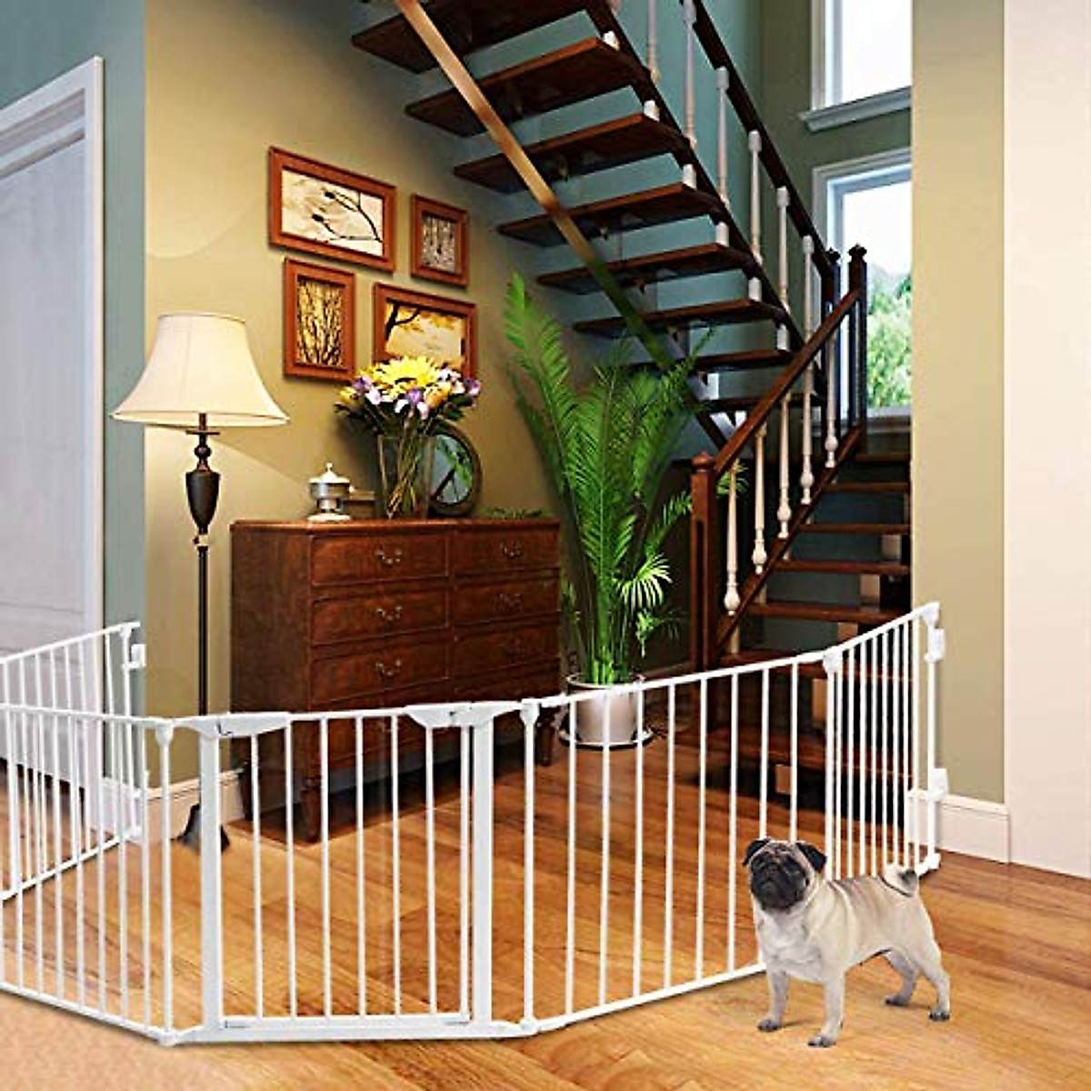 Costzon Baby Safety Gate, 6-Panel Fireplace Fence, Foldable Pet Gates for Easy with Add/Decrease Panels, Portable Wide Barrier Gate with Multiple Shapes for Child & Pet