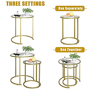 Azheruol Nesting Coffee Table Set of 2,Modern Gold Tempered Glass Side Table, Metal Frame Round End Table.Small Glass Tea Table for Living Room,Bedroom Studio Apartment Essentials，23.2in