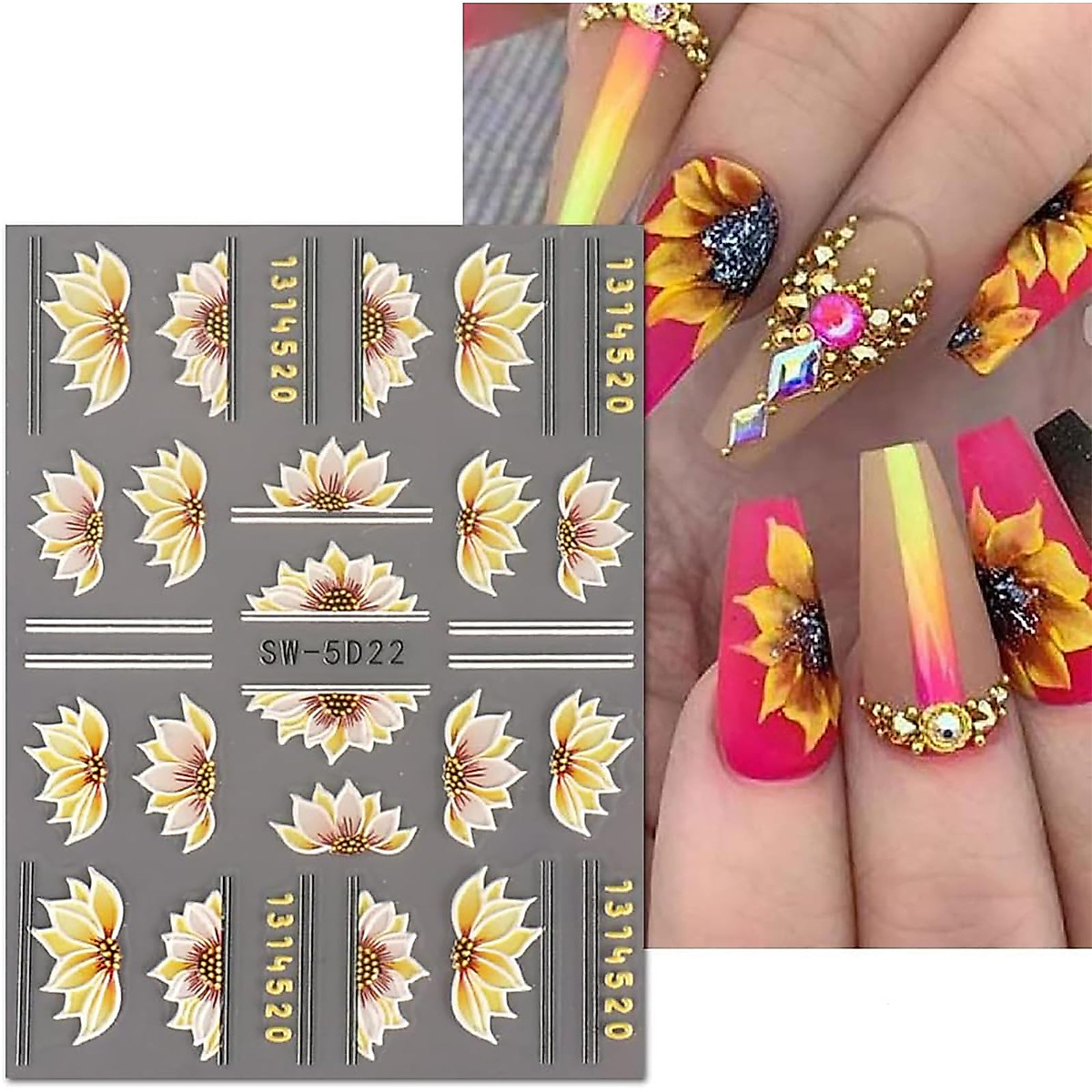 5D Engraved Sunflower Nail Art Stickers Decals Yellow Lotus Flower Acrylic Embossed Sliders Nail Art Supplies Summer Nail Stickers Manicure Decoration for Women Girls Nails Painting Charms Accessories