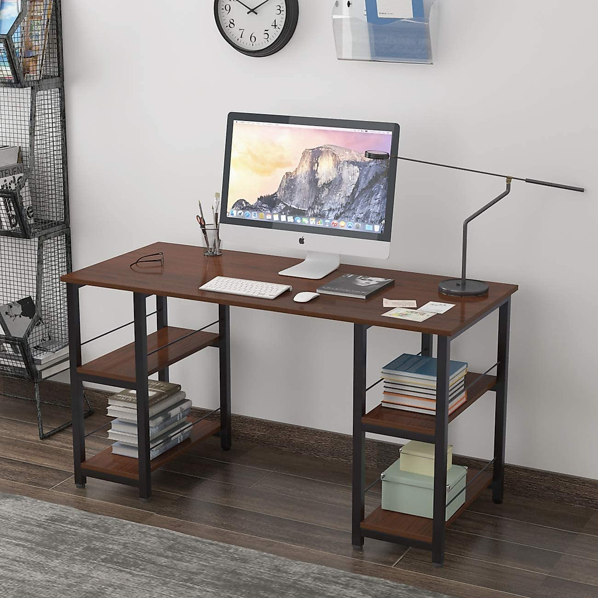 Computer Desk, Computer Desk with Shelves, 55 inches Office Desk with 4 Storage Shelves, Large Space Home Office Desks Trestle Desk Workstations, Modern Desk Writing Desk for Home Office (Walnut)
