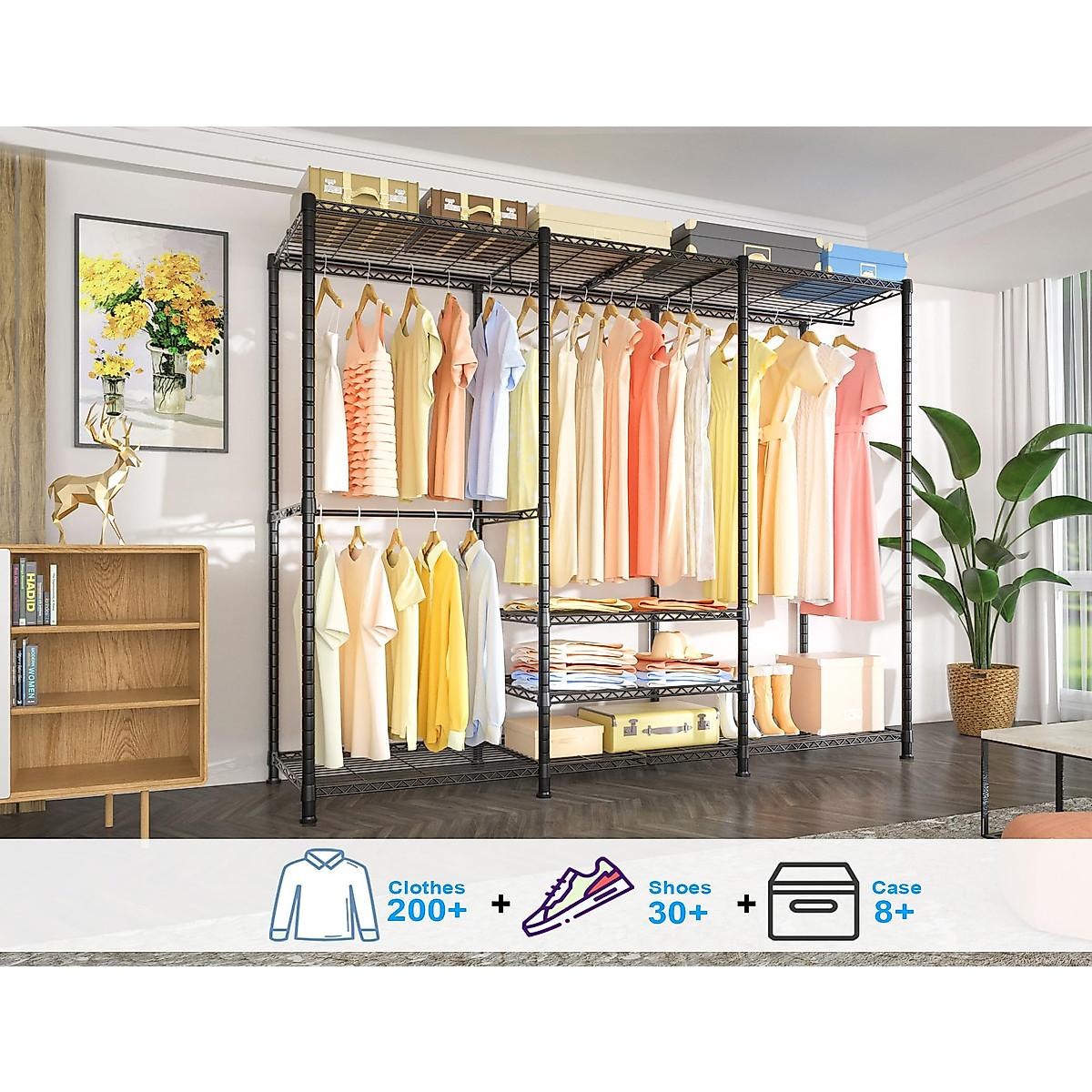 Ulif E5 Garment Rack, 4 Tiers Freestanding Heavy-Duty Closet Organizer and Storage System, Max Load 780LBS, 67.9" W x 14.5" D x 77.1" H, Black