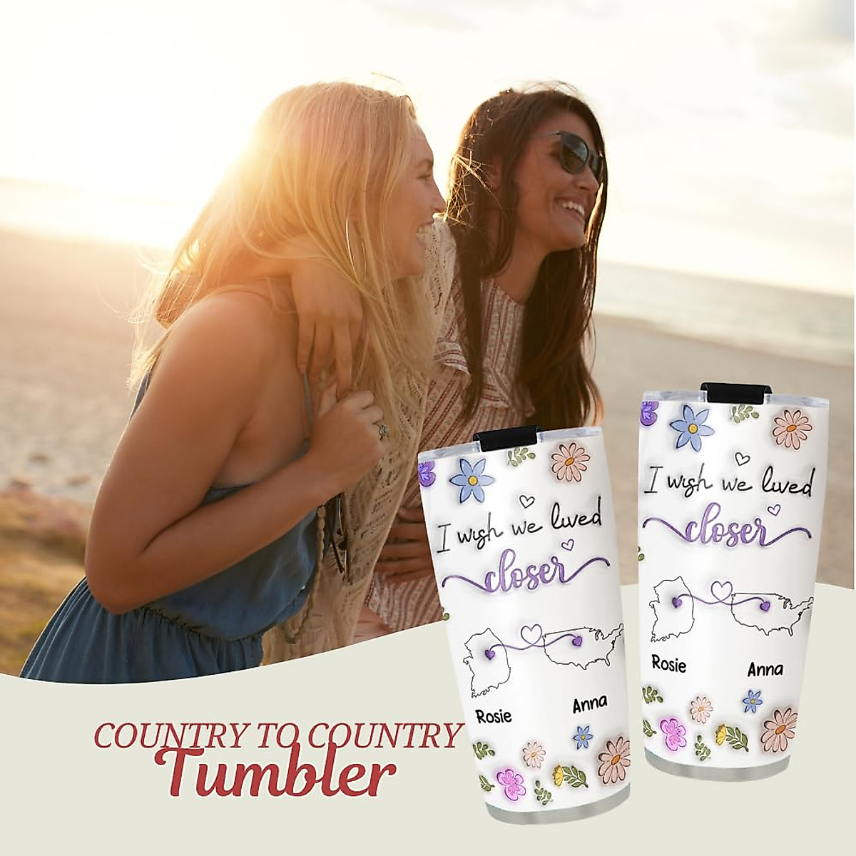 Wrappiness I Wish We Lived Closer Tumbler - Personalized 3D Inflated Effect 20Oz Tumbler Long Distance Friendship Gift Custom State to State Mug Going away Gift for Sister Friend (A01 (Country))