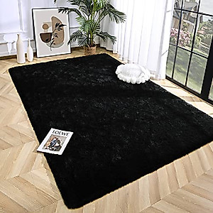 Prabia Super Soft Fluffy Shaggy Rugs 4x5.9 Feet for Living Room Bedroom, Fuzzy Plush Area Rugs for Girls Kids Room Nursery Home Decor, Furry Dorm Rug Cute Non-Slip Indoor Floor Carpet, Black