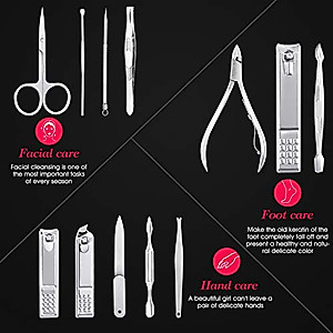 Nail Grooming Kit 12 Pieces - Nail Care Kit For Women Stainless Steel, Professional Hand, Foot & Nail Tools with Luxurious Travel Case. Compact 6x3" (Rose Gold)