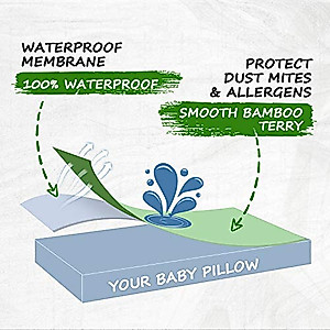 Toddler Pillowcase Protector Waterproof Bamboo Terry Cooling Breathable Baby Pillow Cover, Fit Pillow Sized 13" x 18",14" x 19",12" x 16" or Smaller with Zipper Travel Pillowcase for Boys Girls, White
