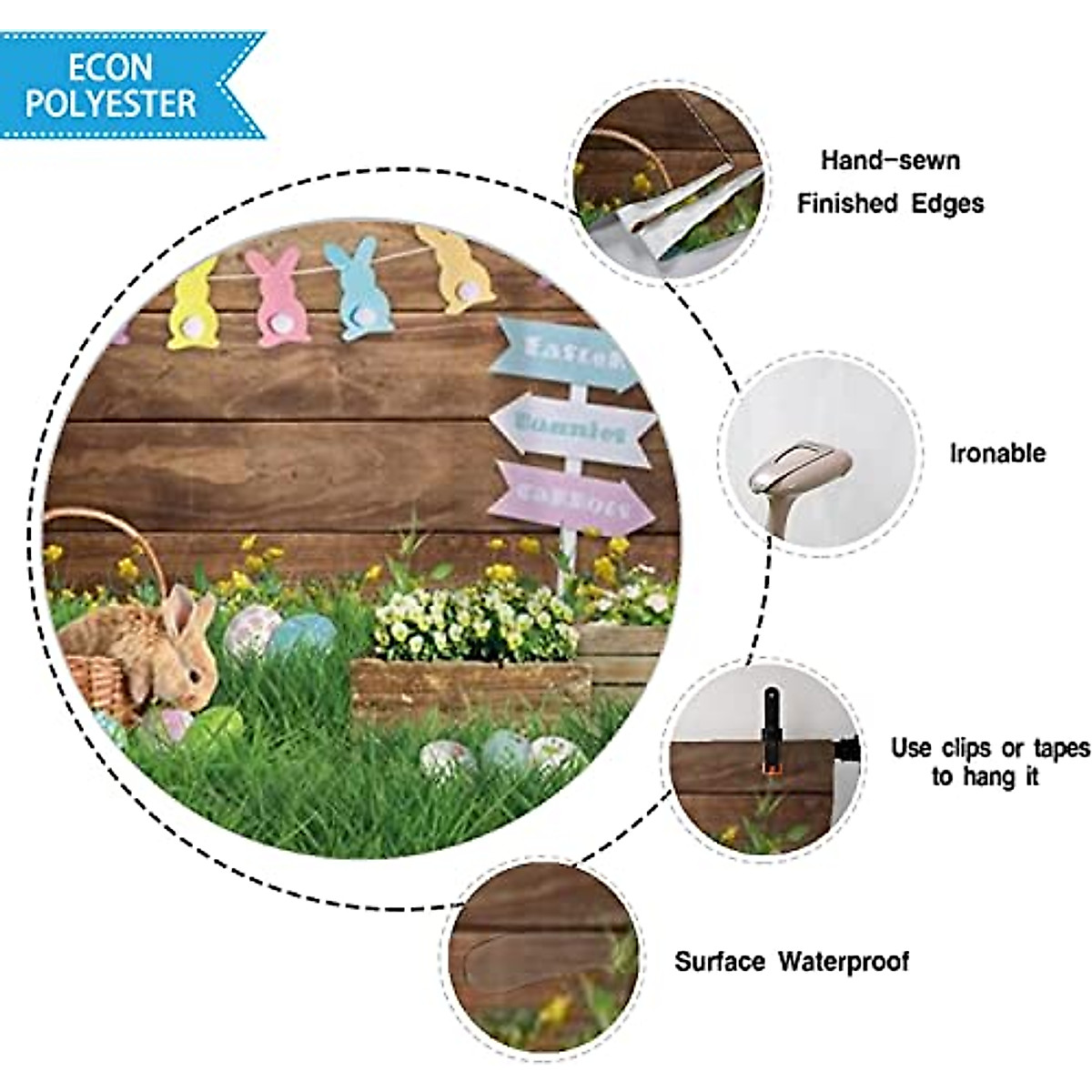 ZTHMOE 5x7ft Durable Fabric Spring Easter Photography Backdrop Rabbit Eggs Wooden Wall Flowers Grass Background Bunny Flag Portrait Photo Booth Props