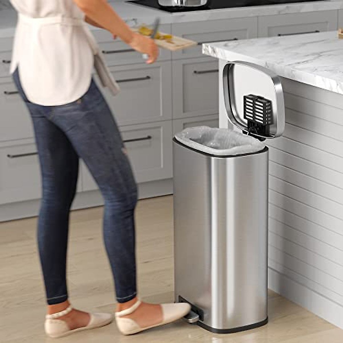 iTouchless SoftStep 8 Gallon Step Trash Can with Odor Control System & Removable Inner Bucket, Stainless Steel 30 Liter Pedal Garbage Bin for Office, Home and Kitchen