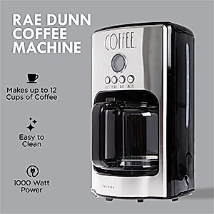 Rae Dunn Programmable Drip Coffee Maker, Coffee Pot for Kitchen, Electric Coffee Machine for Brewing Coffee, Black