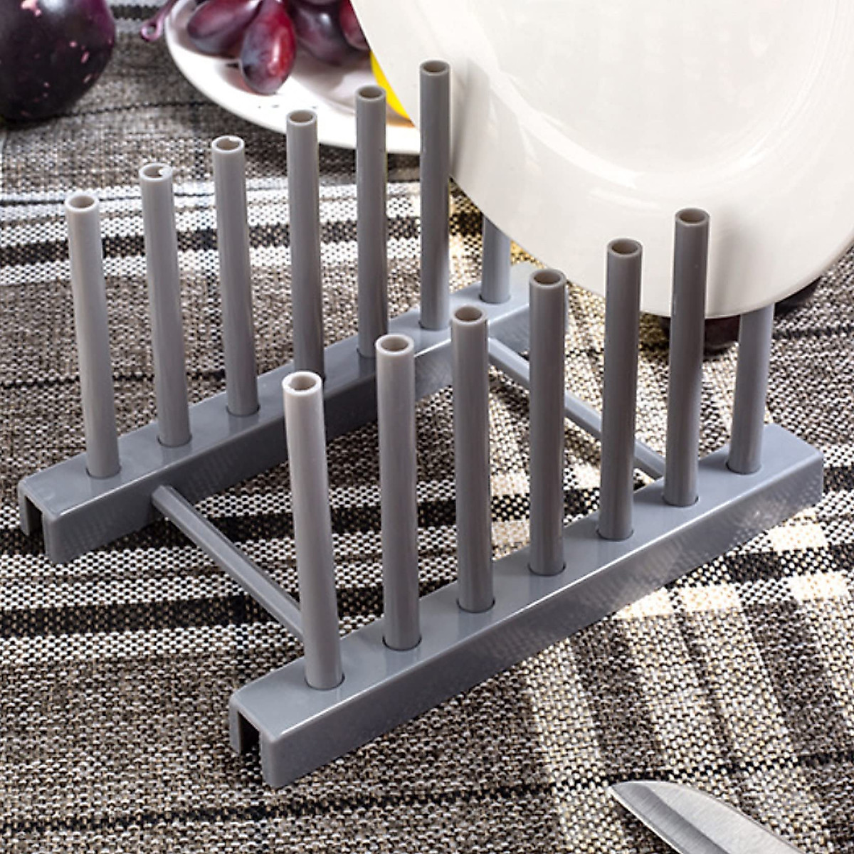 Halyuhn Gray Plate Racks Organizer for Cabinet, 4 Pack Plastic Plate Rack Stand Keep Dry for Dish, Bowl, Cutting Board, Bakeware, Serving Tray and More, Desk Mail Sorter Organizer 6 Slots Removable