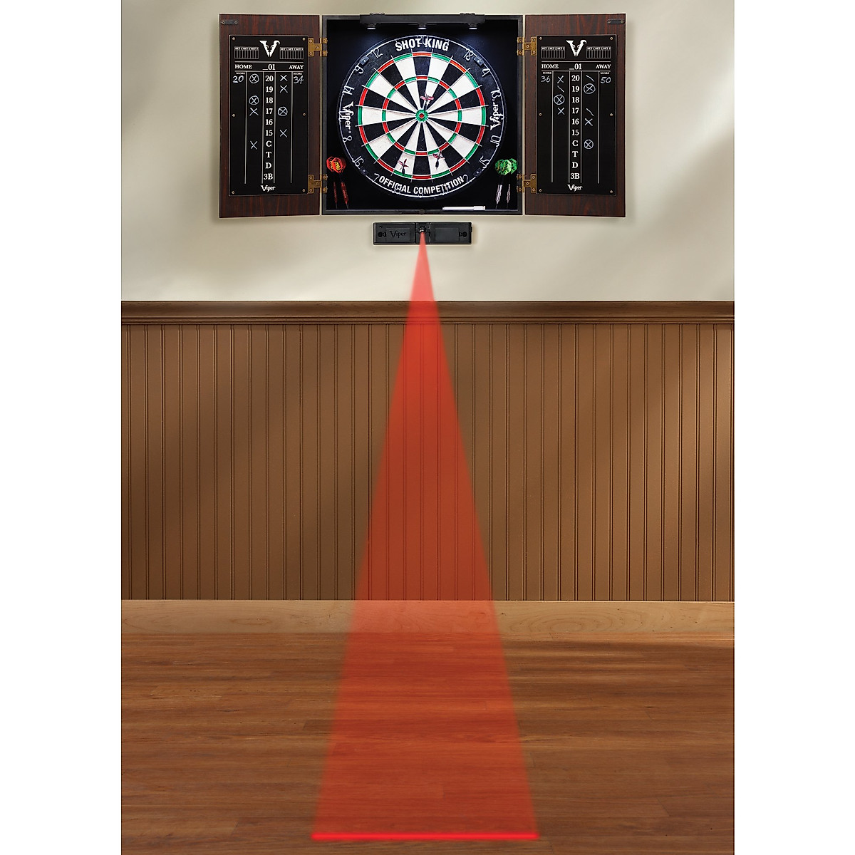 Viper Stadium Cabinet & Shot King Sisal/Bristle Dartboard Ready-to-Play Bundle: Elite Set (Shot King Dartboard, Darts, Shadow Buster and Laser Throw Line), Black (40-1213)