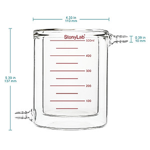 stonylab Glass Jacketed Beaker, 1 Pack Borosilicate Glass Graduated Beaker Flat-Bottom Double-Layer Lab Reaction Beaker, 500 ml